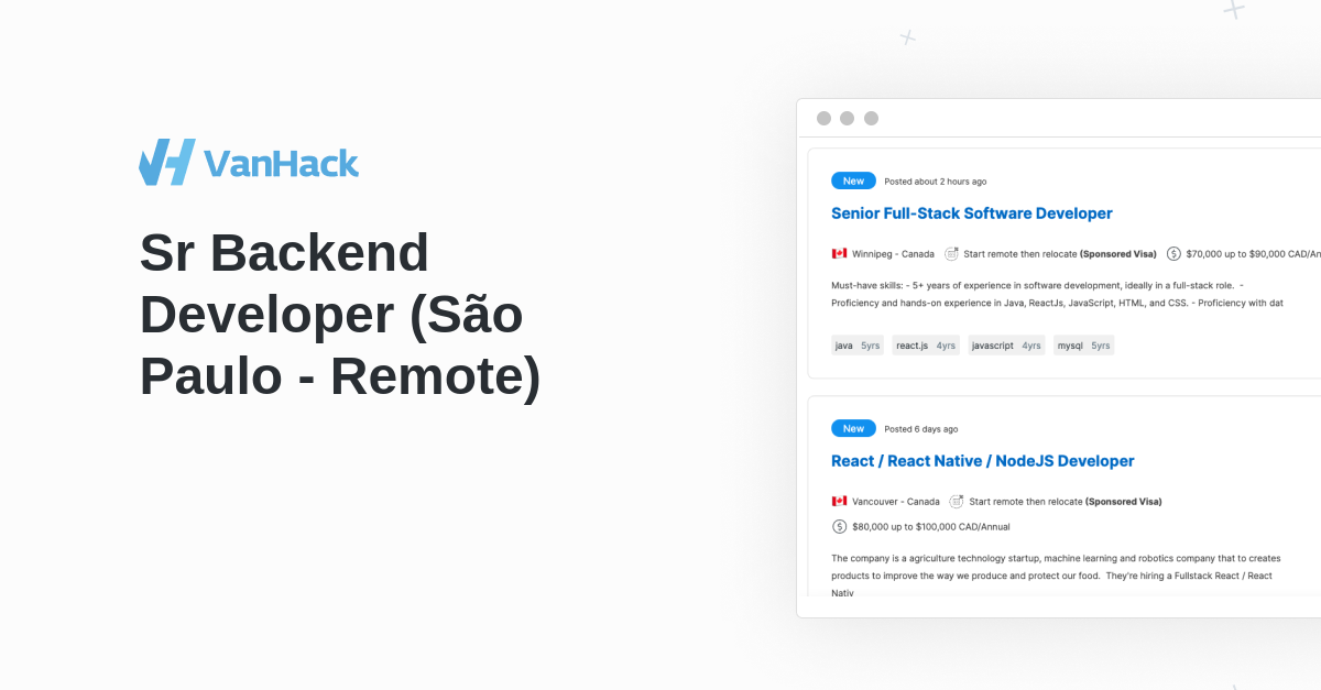 Sr Backend Developer (São Paulo - Remote) - VanHack